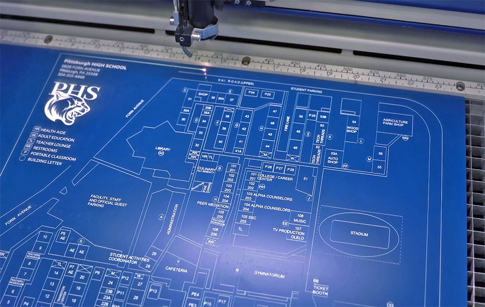 Laser Engraving and Cutting a Plastic High School Campus Map
